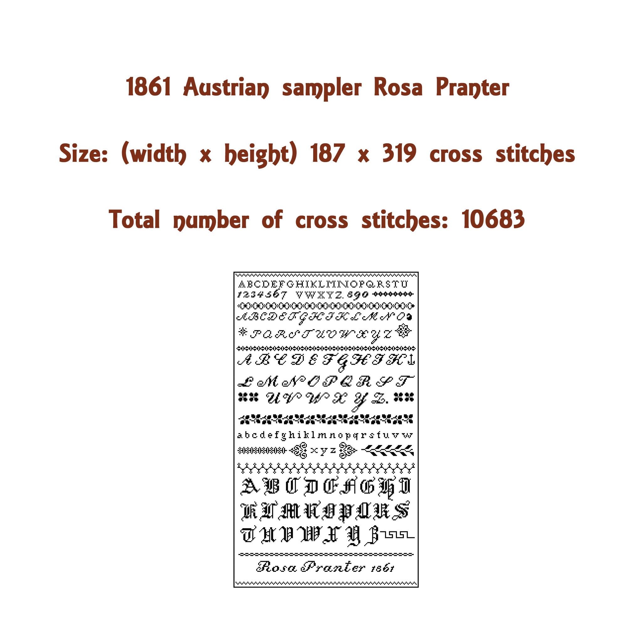 1861 Austrian Black Alphabet Reproduction Sampler Rosa Pranter ...