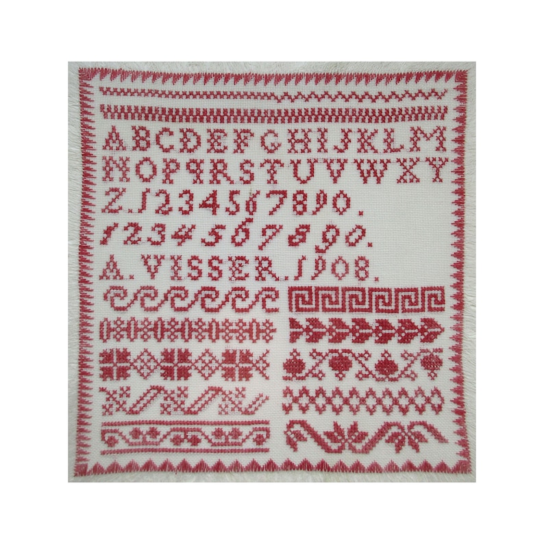 1908 Anna Visser Dutch Red Alphabet Schoolgirl Reproduction Sampler PDF ...