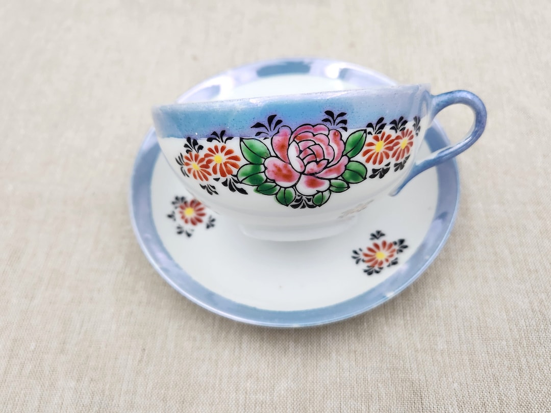 Vintage 1950s Lusterware Teacup and Saucer Set: Hand-painted Lotus ...