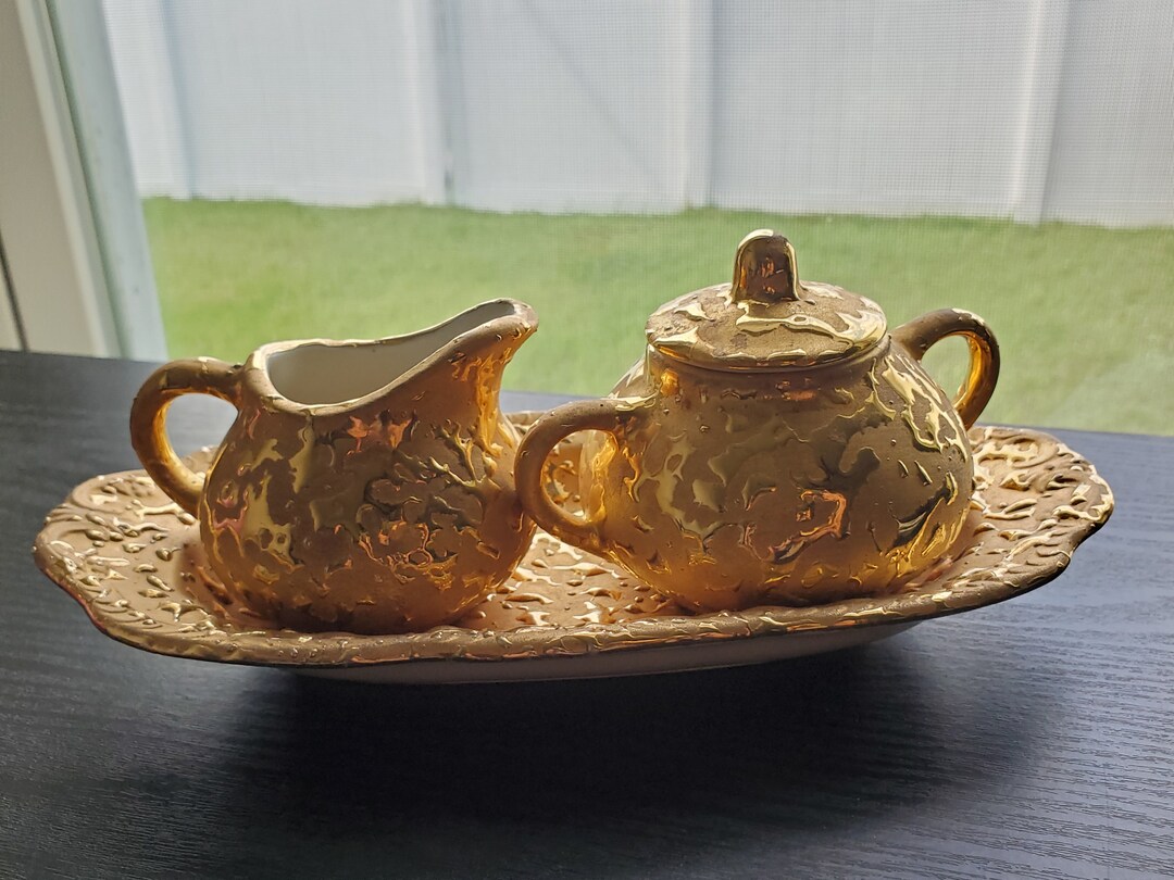 Vintage 1950s Weeping Bright Gold Cream and Sugar Set With Tray - Etsy