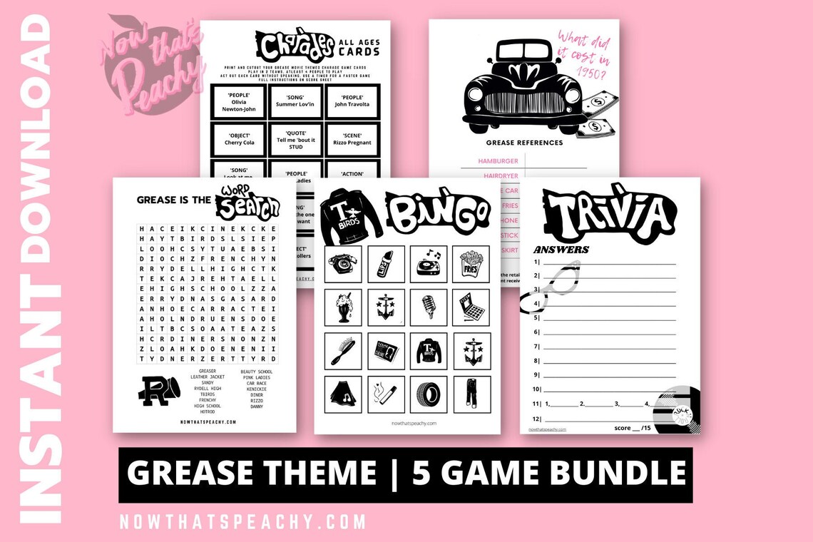Greaser Themed Game PACK PRINTABLE. Rocker Diner Movie Party - Etsy