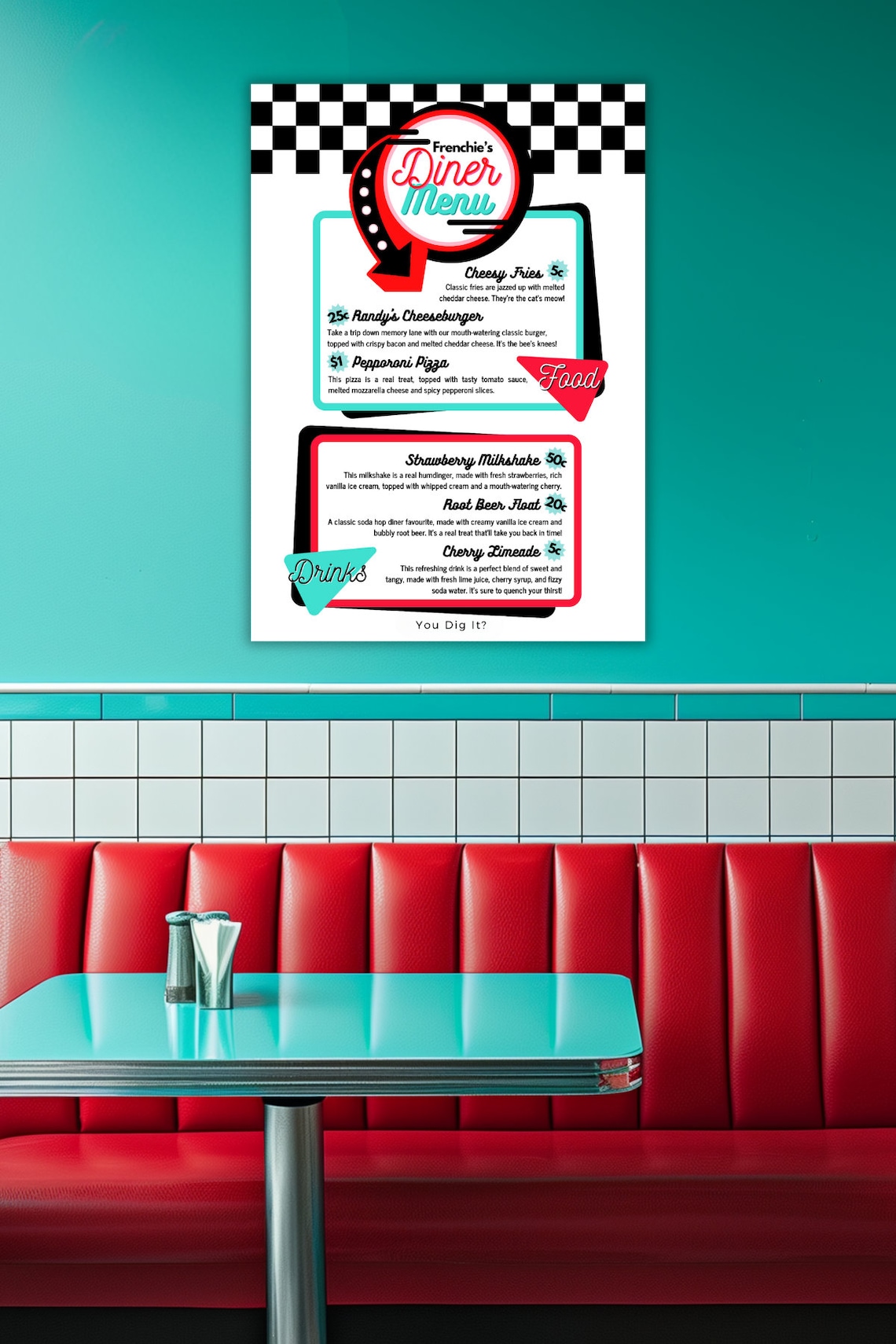 Red Custom DINER 50's Food Menu Party PRINTABLE Rock'n'roll Sign Pop ...