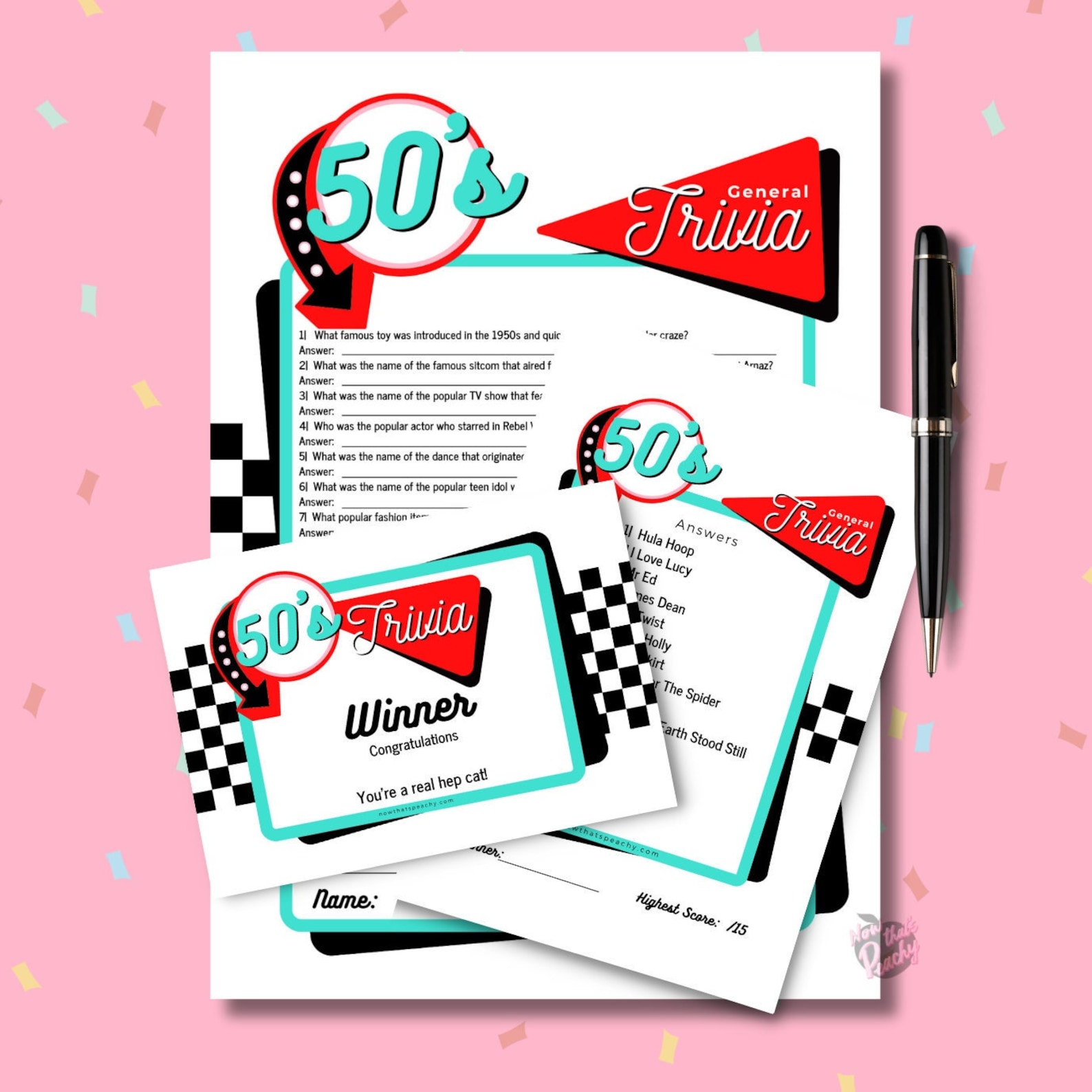 Red DINER 1950's Trivia Quiz Game Party PRINTABLE Rock'n'roll Sock Hop ...