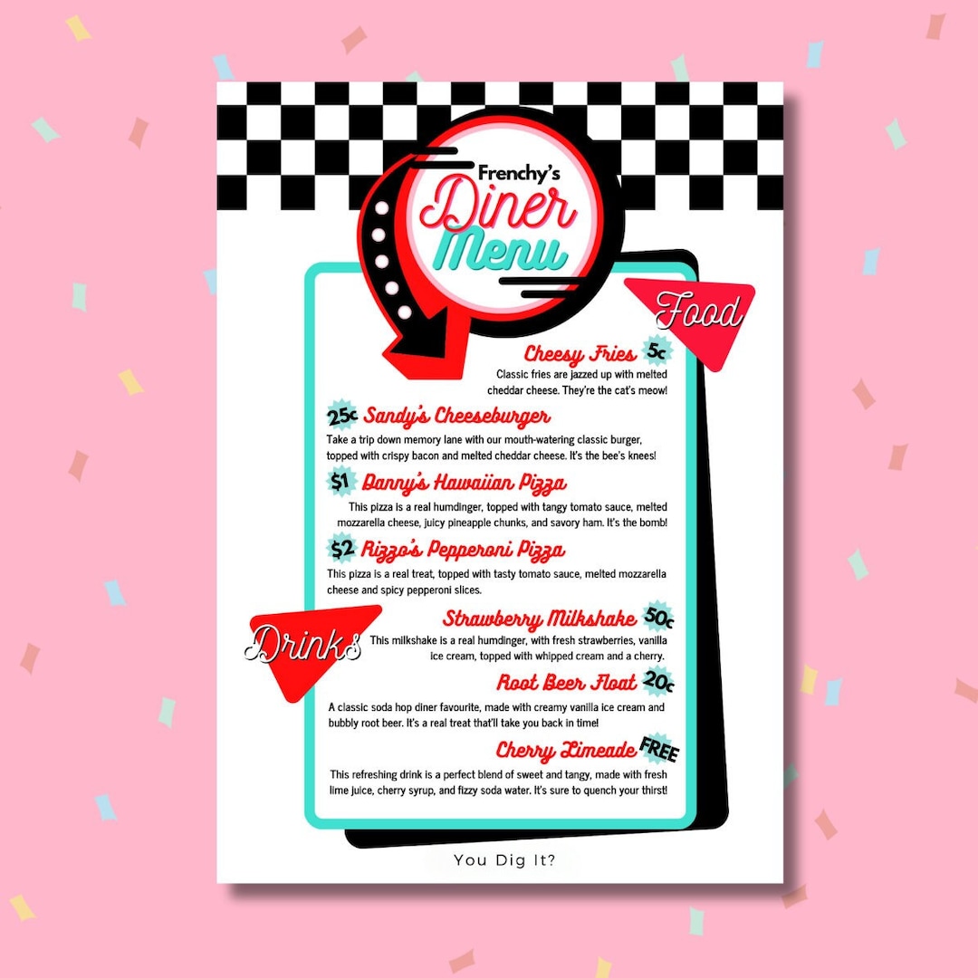 Personalized DINER 50's Food Menu Party PRINTABLE Rock'n'roll Sign Pop ...