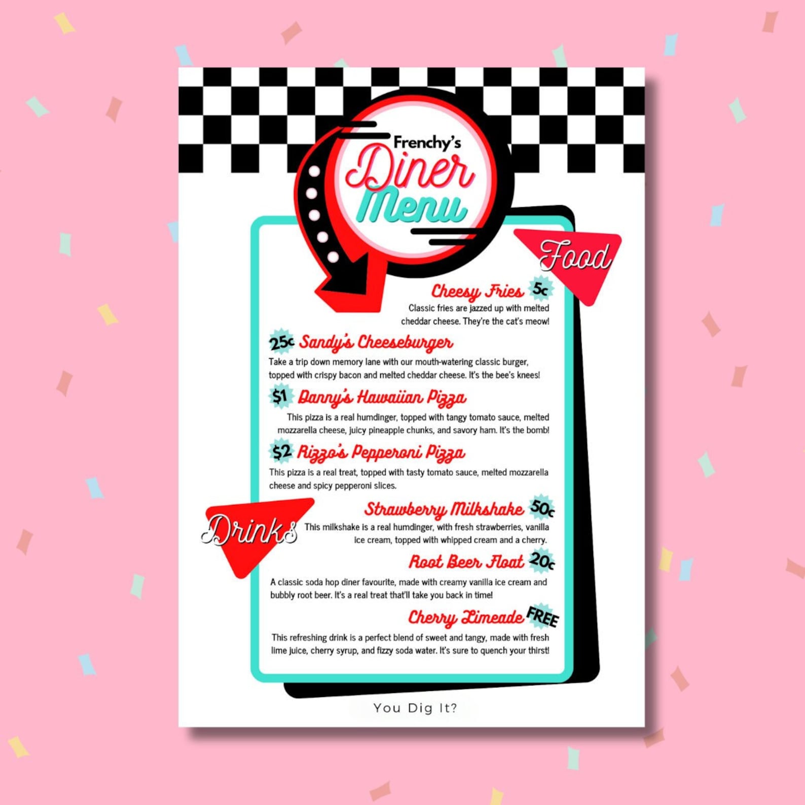 Personalized DINER 50's Food Menu Party PRINTABLE Rock'n'roll Sign Pop ...