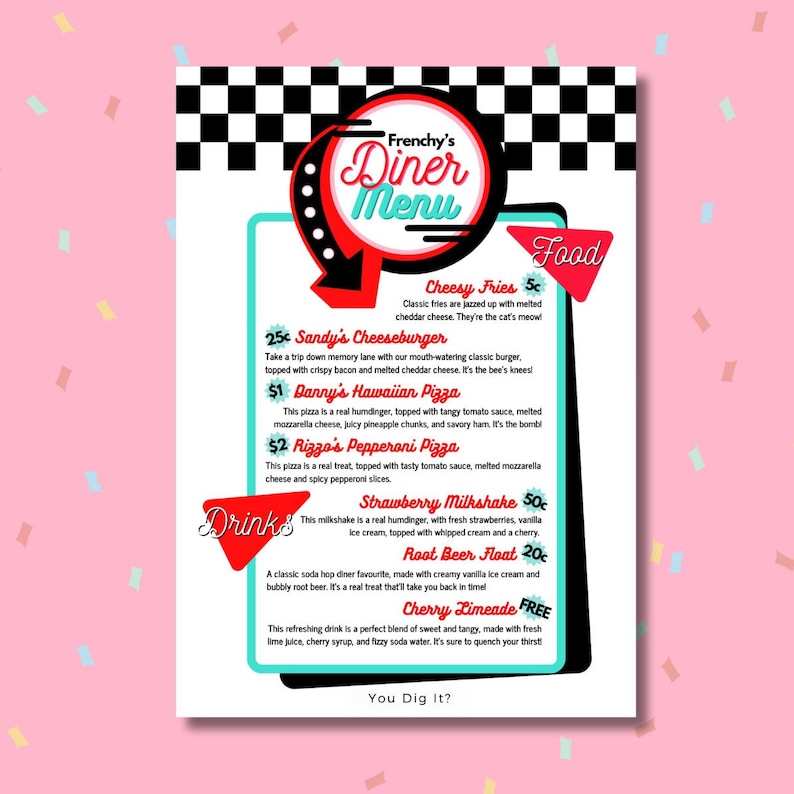 Personalized DINER 50's Food Menu Party PRINTABLE Rock'n'roll Sign Pop ...
