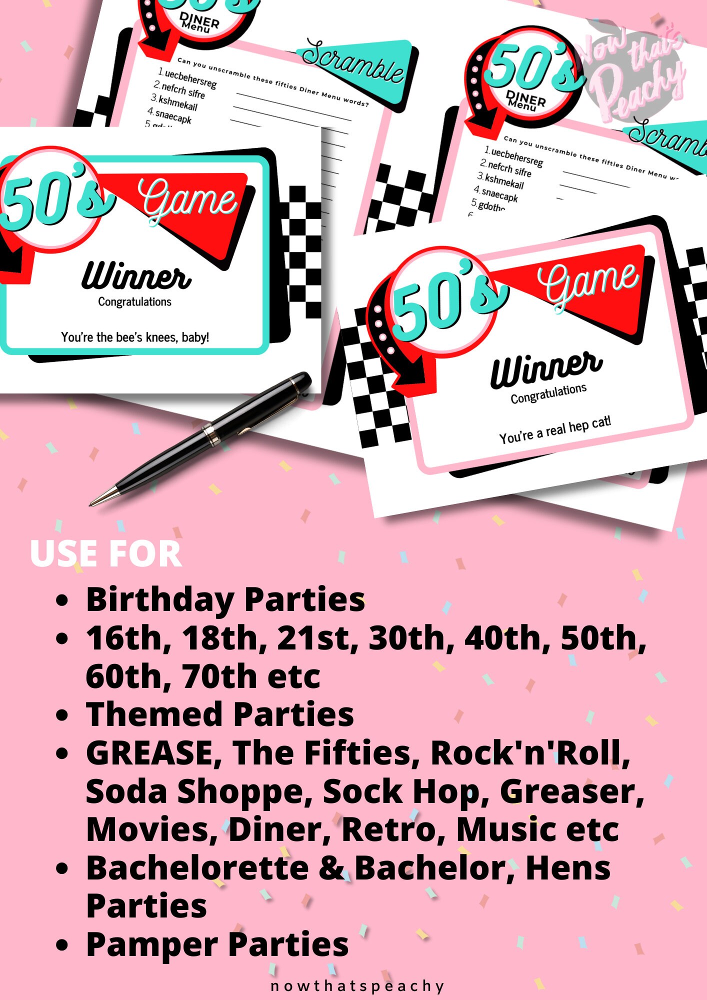 DINER Menu 1950's Word Quiz Game Scramble Party PRINTABLE Rock'n'roll ...