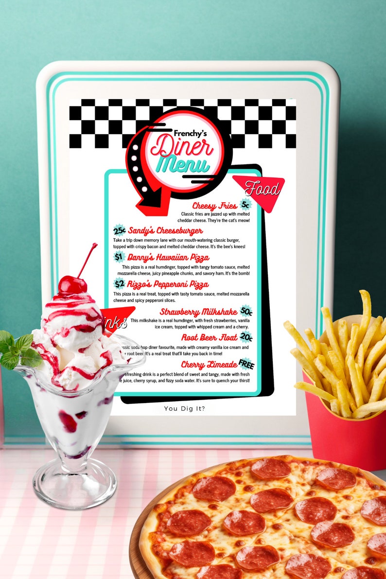 Personalized DINER 50's Food Menu Party PRINTABLE Rock'n'roll Sign Pop ...