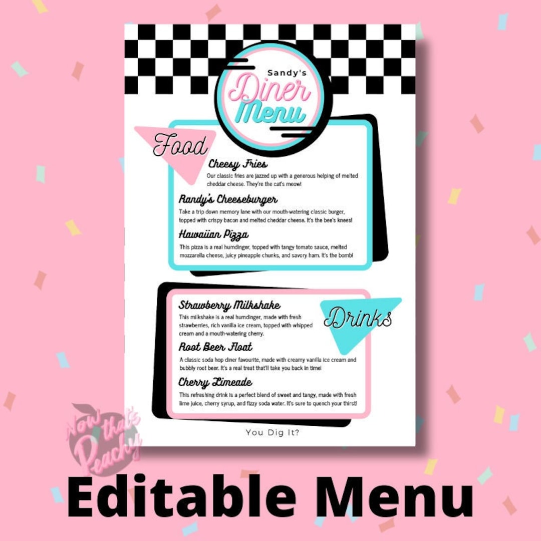 Custom DINER 50's Food Menu Party PRINTABLE, Rock'n'roll Soda Pop Retro ...