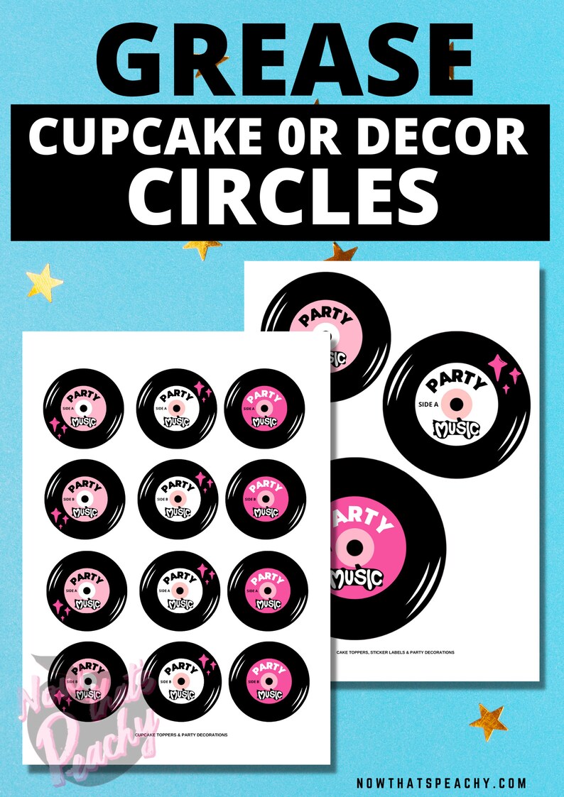 GREASER Vinyl Cupcake Toppers 50s PRINTABLE Records Rock'n'roll Diner ...