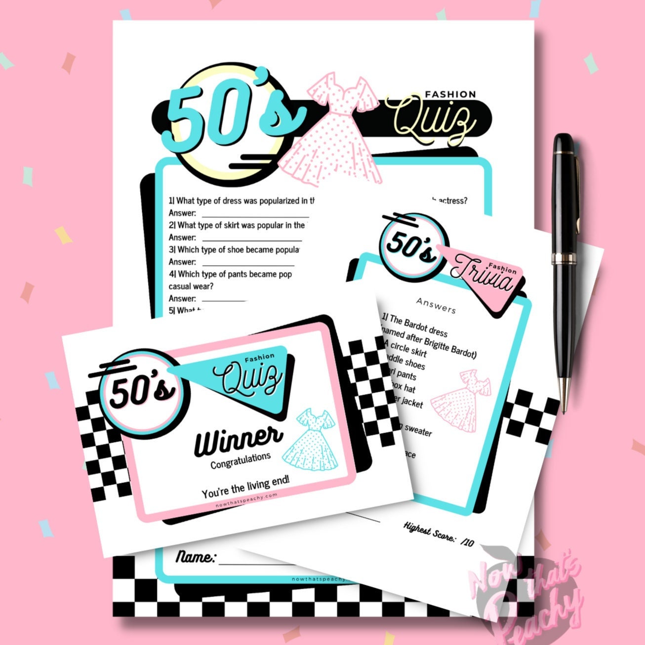 1950's Fashion Trivia Quiz Game Party PRINTABLE Diner Sock Hop Retro ...