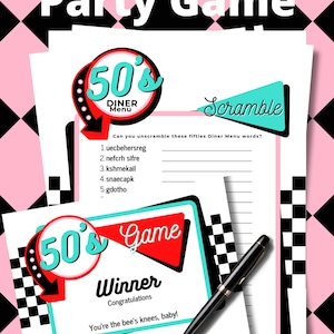 DINER Menu 1950's Word Quiz Game Scramble Party PRINTABLE Rock'n'roll ...