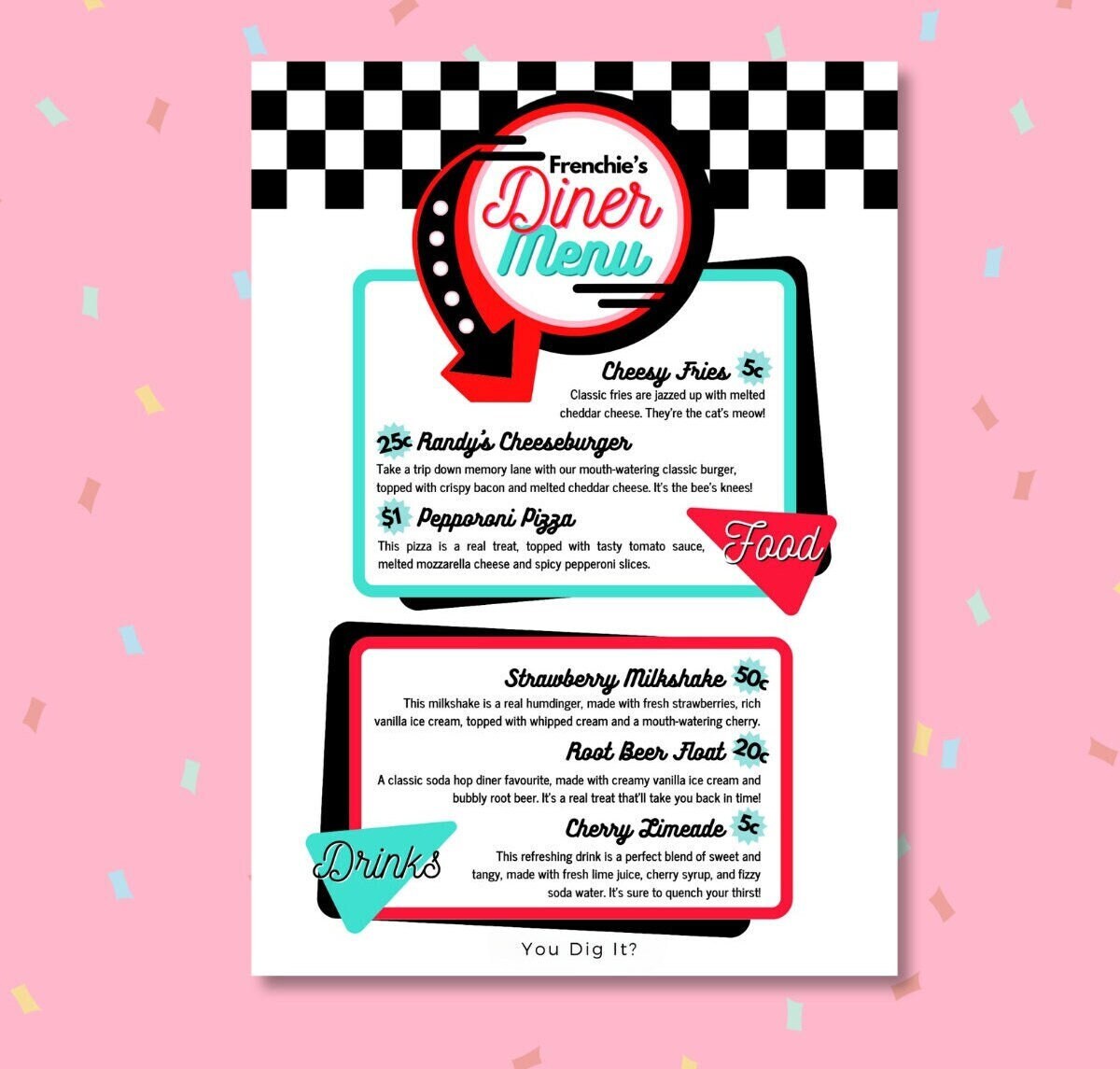 Red Custom DINER 50's Food Menu Party PRINTABLE Rock'n'roll Sign Pop ...