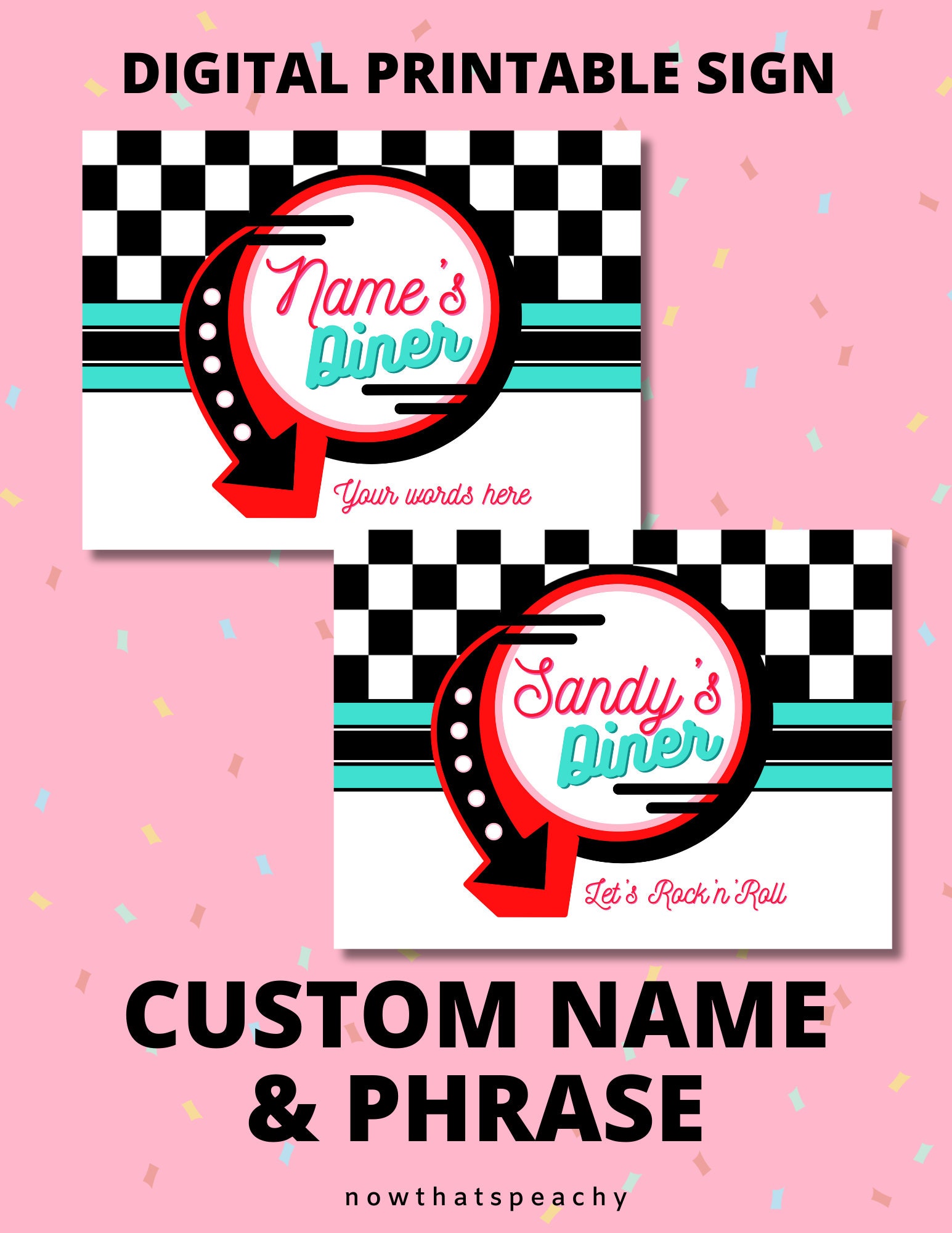 Custom Name DINER 50's Party Banner Sign PRINTABLE Rock'n'roll Sock Hop ...