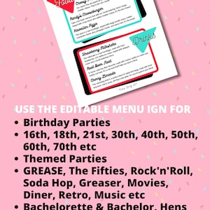 Custom Red DINER 50's Food Menu Party PRINTABLE 50s Rock'n'roll Sign ...