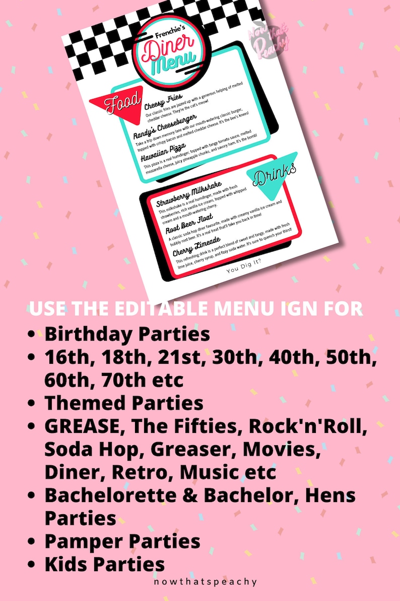 Custom Red DINER 50's Food Menu Party PRINTABLE 50s Rock'n'roll Sign ...