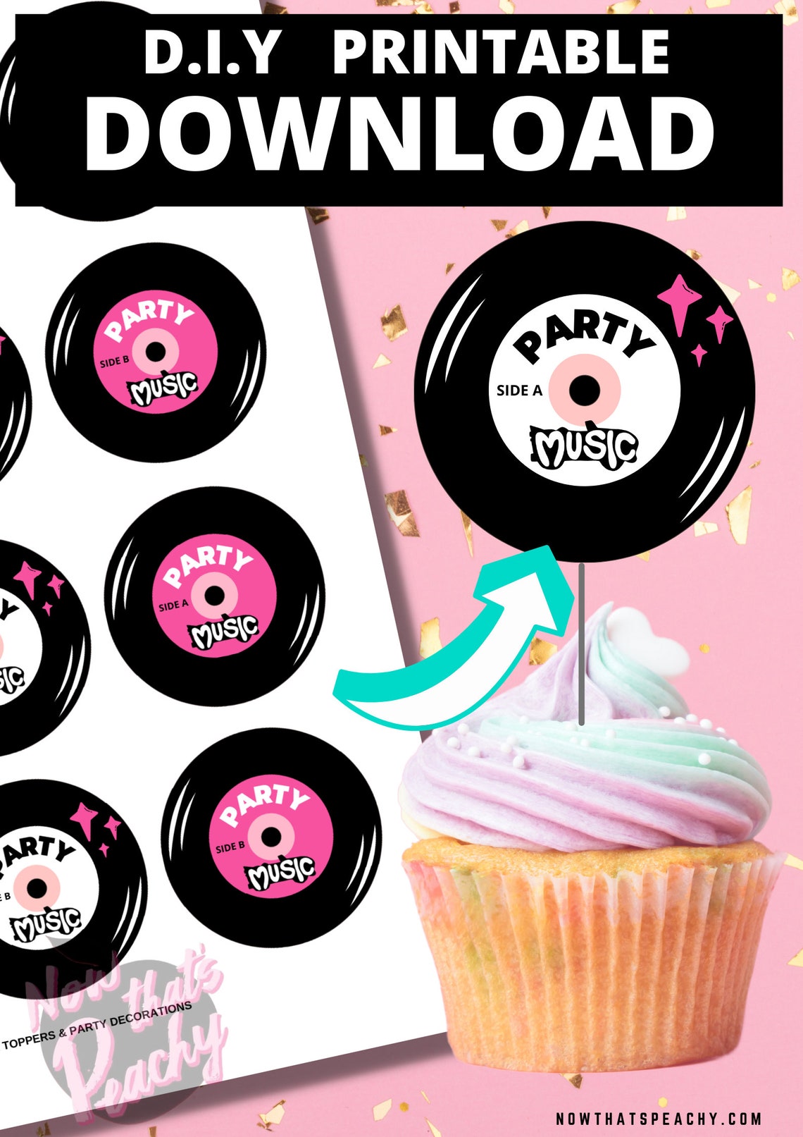 GREASER Vinyl Cupcake Toppers 50s PRINTABLE Records Rock'n'roll Diner ...