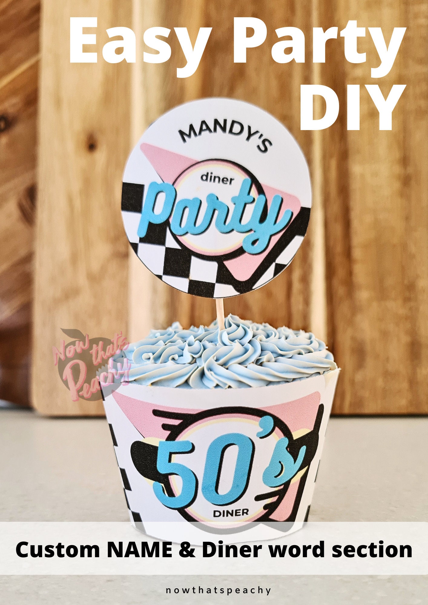 Custom DINER 50's Cupcake Wrapper Topper Party PRINTABLE, Rock'n'roll ...