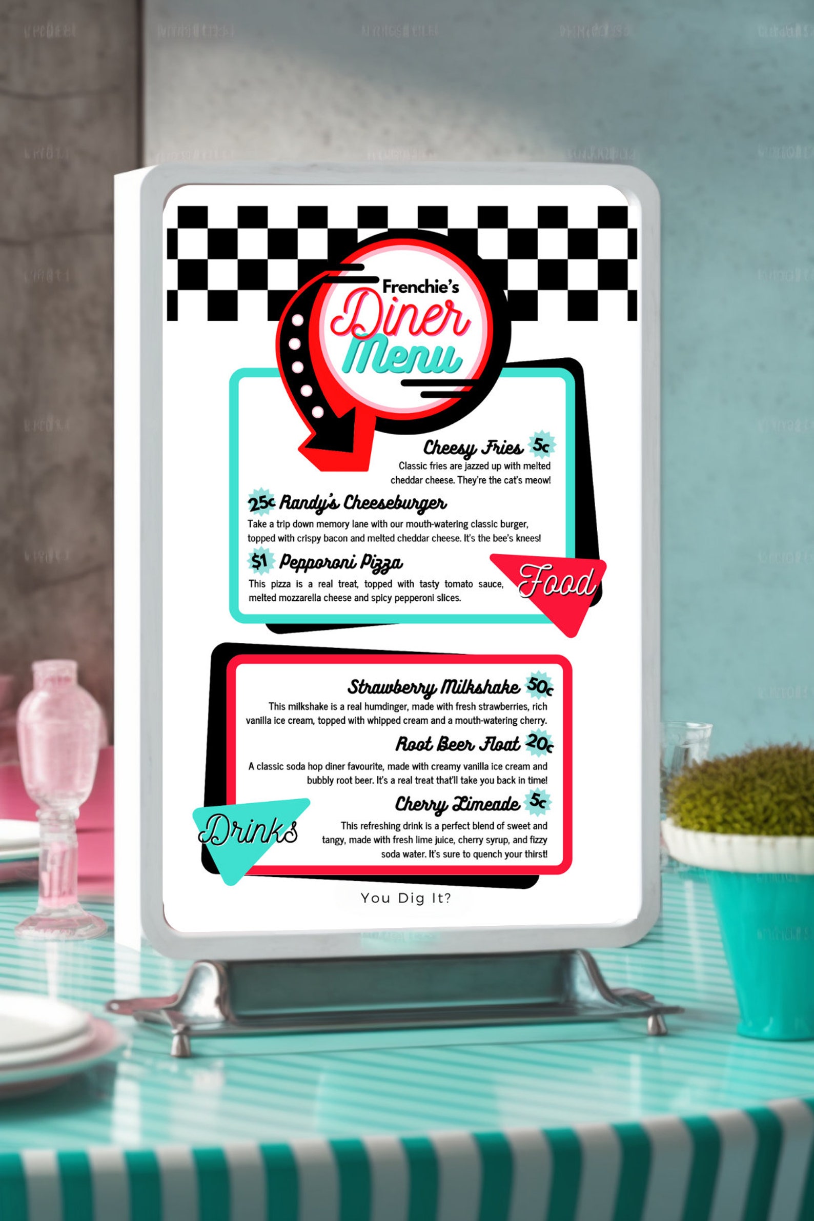 Red Custom DINER 50's Food Menu Party PRINTABLE Rock'n'roll Sign Pop ...