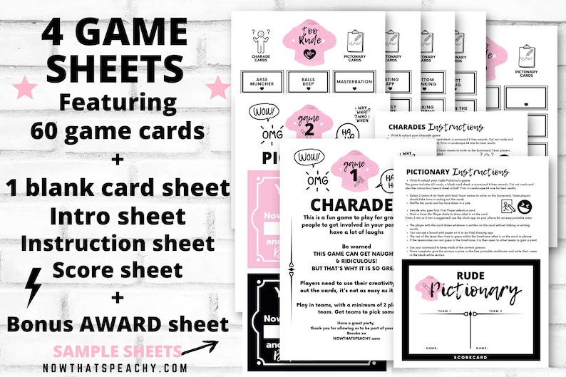 Dirty CHARADES & PICTIONARY Game Pack Printable Download Bachelorette ...
