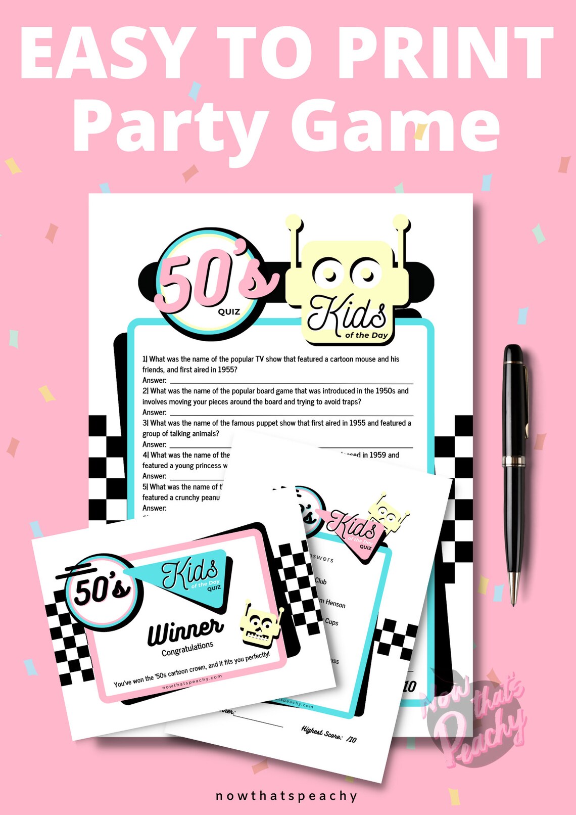 1950s Kids of the Day Trivia Quiz Game Party PRINTABLE, Childhood Retro ...