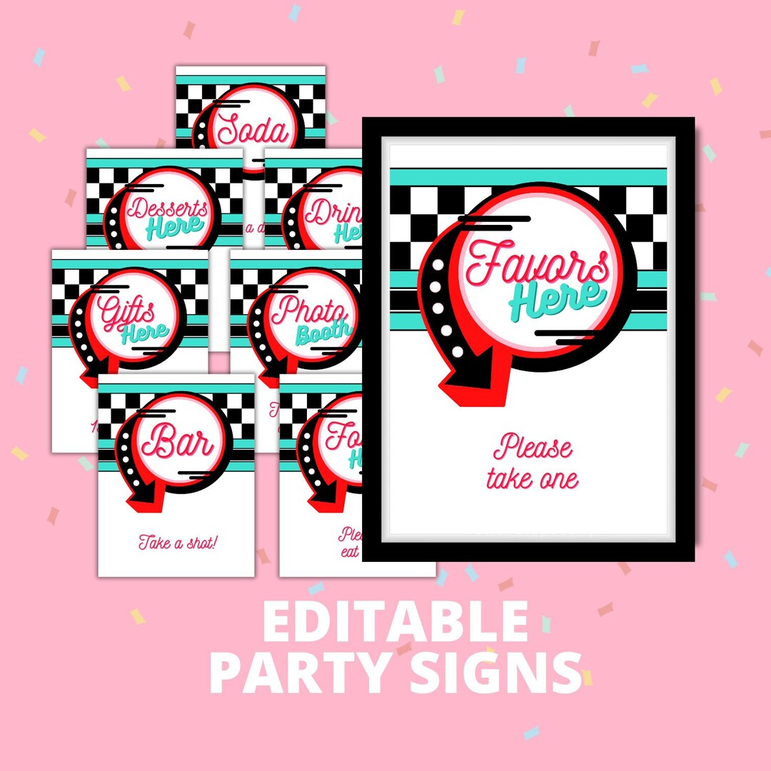 Custom DINER 50's Party Sign Bundle Pack PRINTABLE Rock'n'roll Soda Pop ...