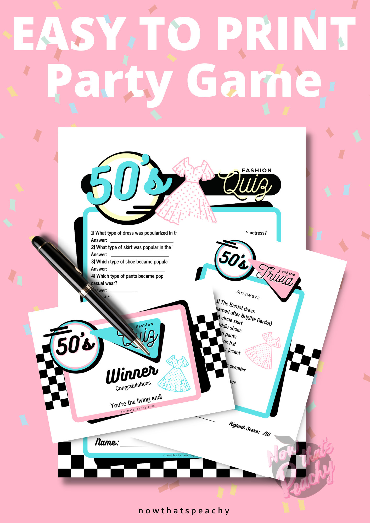 1950's Fashion Trivia Quiz Game Party PRINTABLE Diner Sock Hop Retro ...