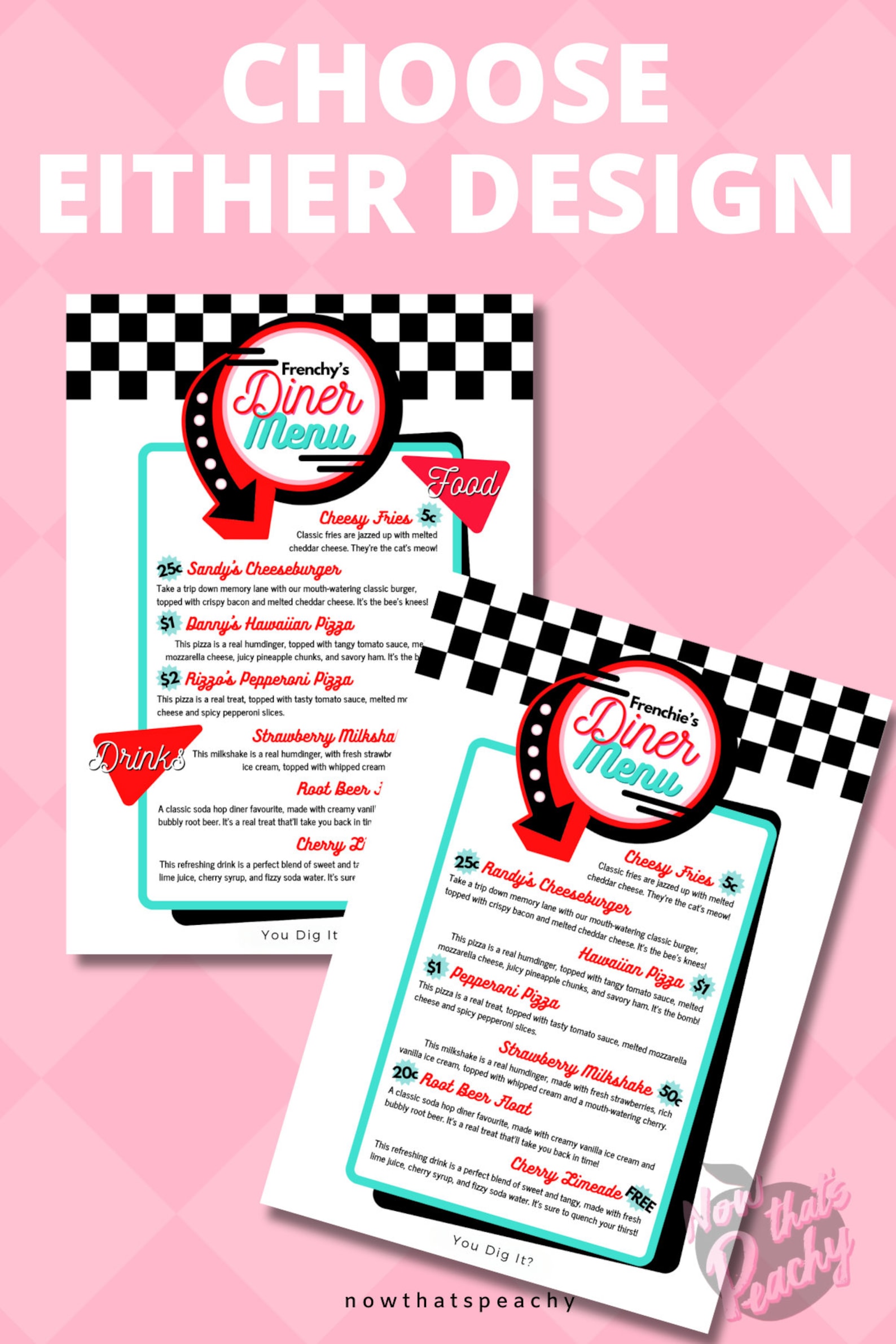 Personalized DINER 50's Food Menu Party PRINTABLE Rock'n'roll Sign Pop ...