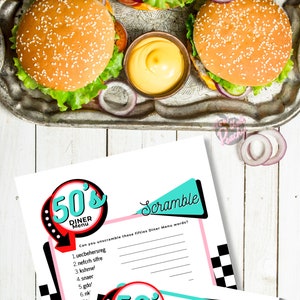 DINER Menu 1950's Word Quiz Game Scramble Party PRINTABLE Rock'n'roll ...