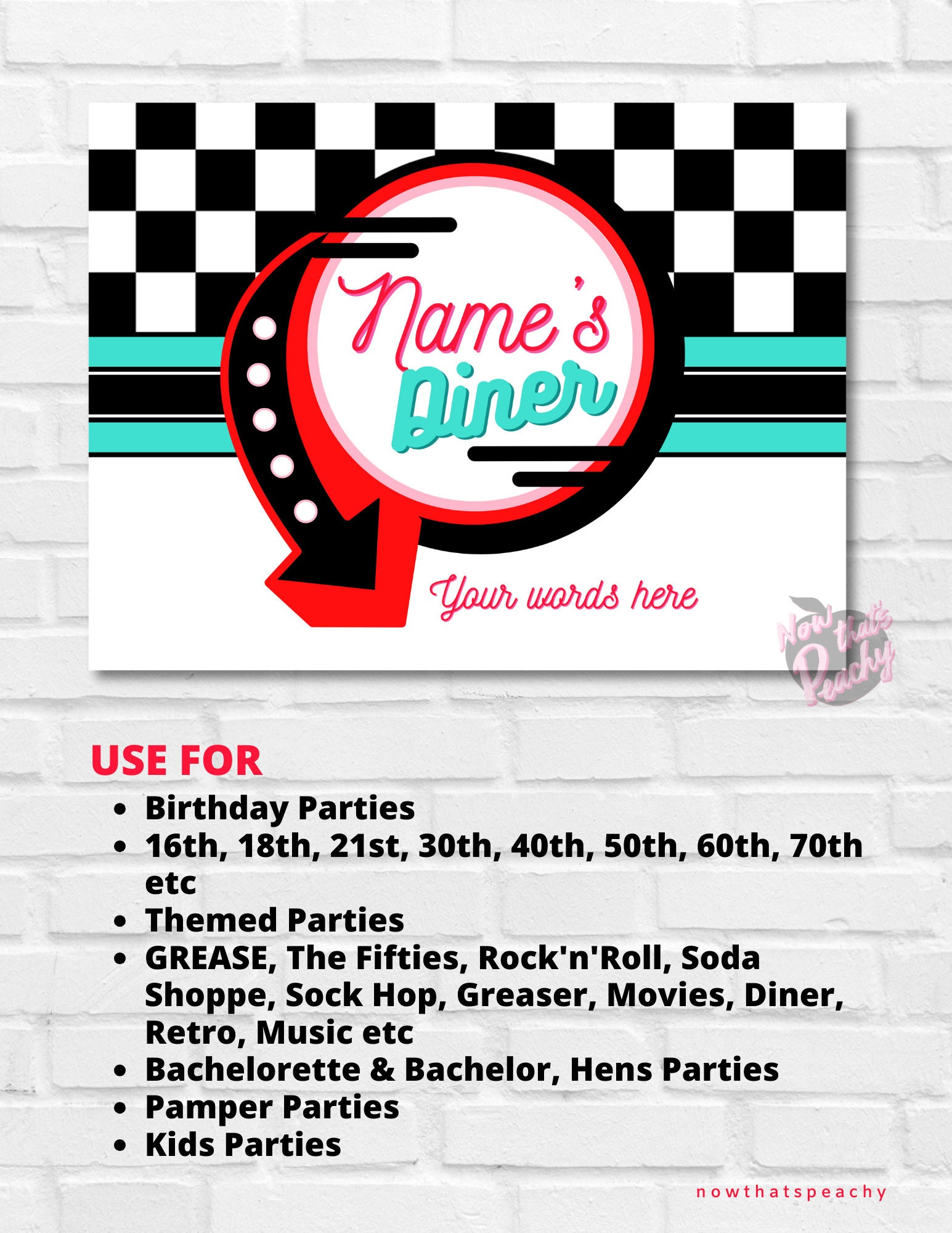 Custom Name DINER 50's Party Banner Sign PRINTABLE Rock'n'roll Sock Hop ...