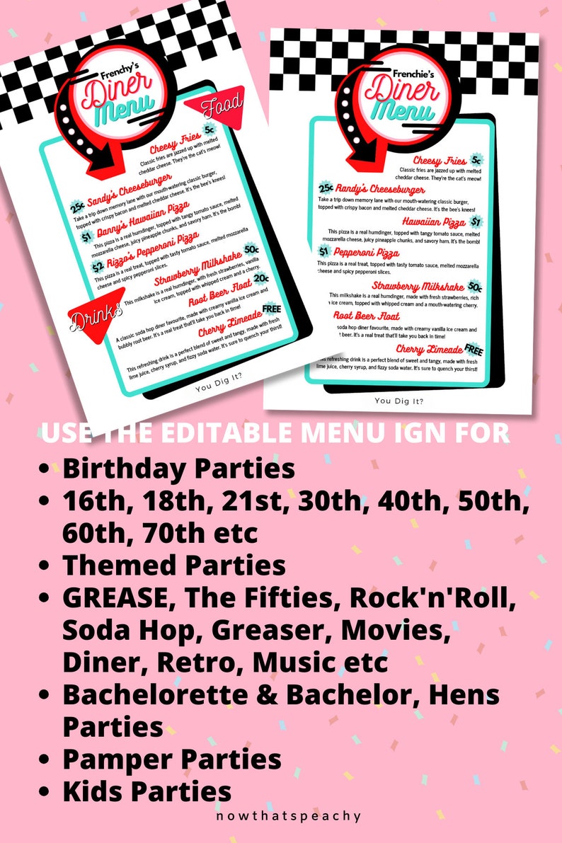 Personalized DINER 50's Food Menu Party PRINTABLE Rock'n'roll Sign Pop ...