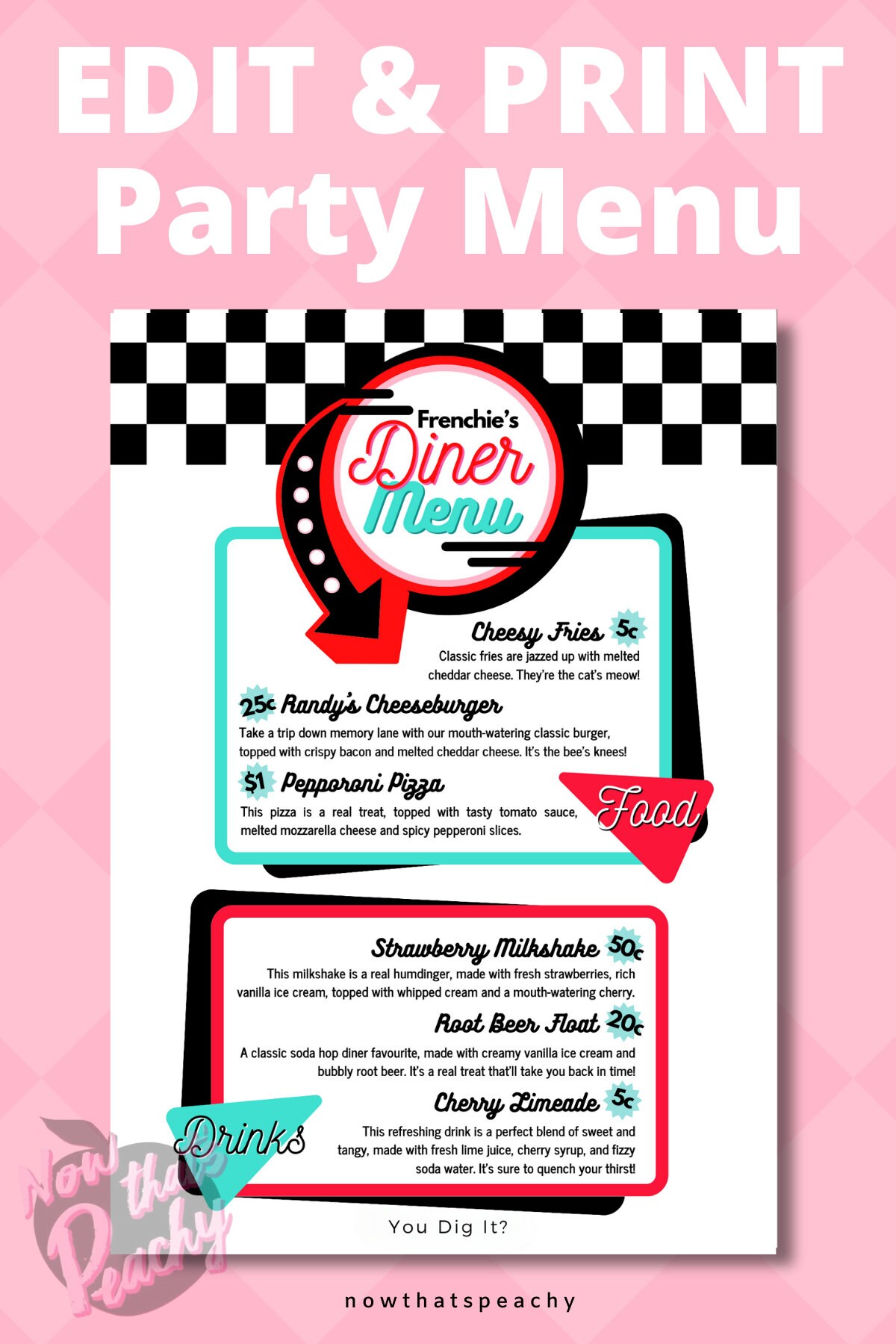 Red Custom DINER 50's Food Menu Party PRINTABLE Rock'n'roll Sign Pop ...