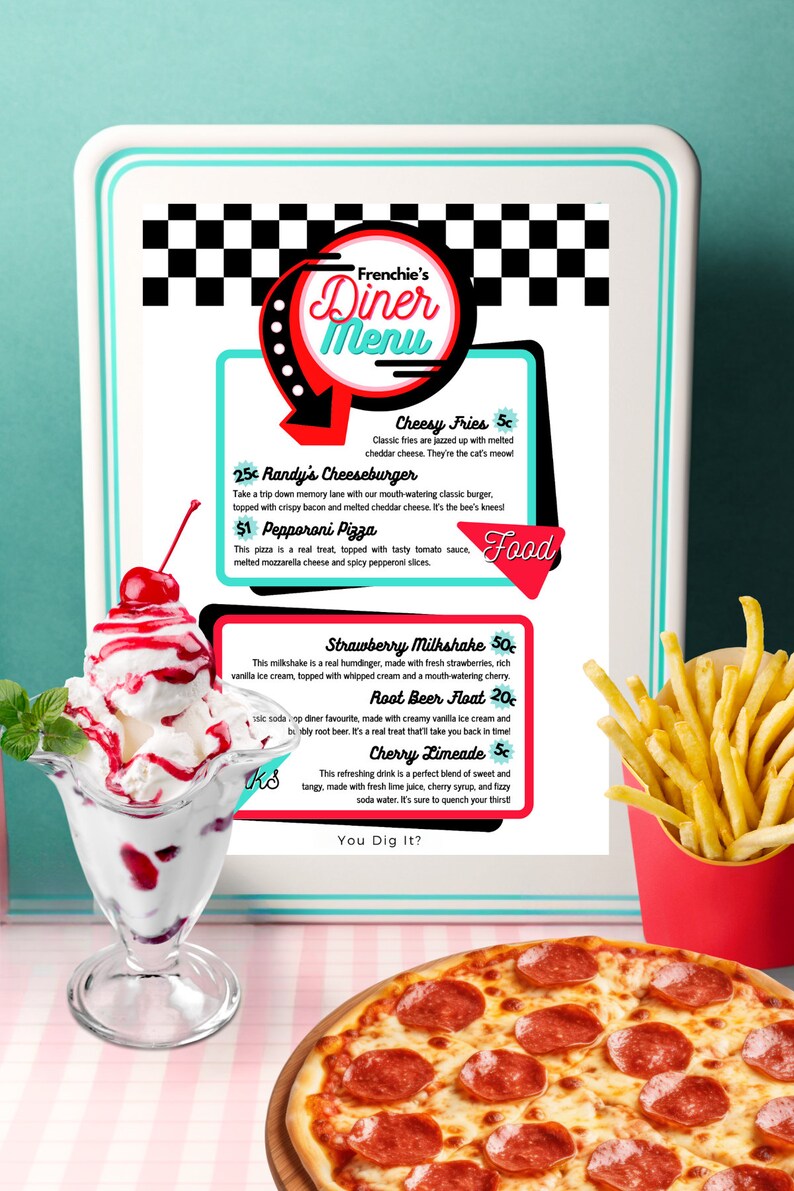 Red Custom DINER 50's Food Menu Party PRINTABLE Rock'n'roll Sign Pop ...