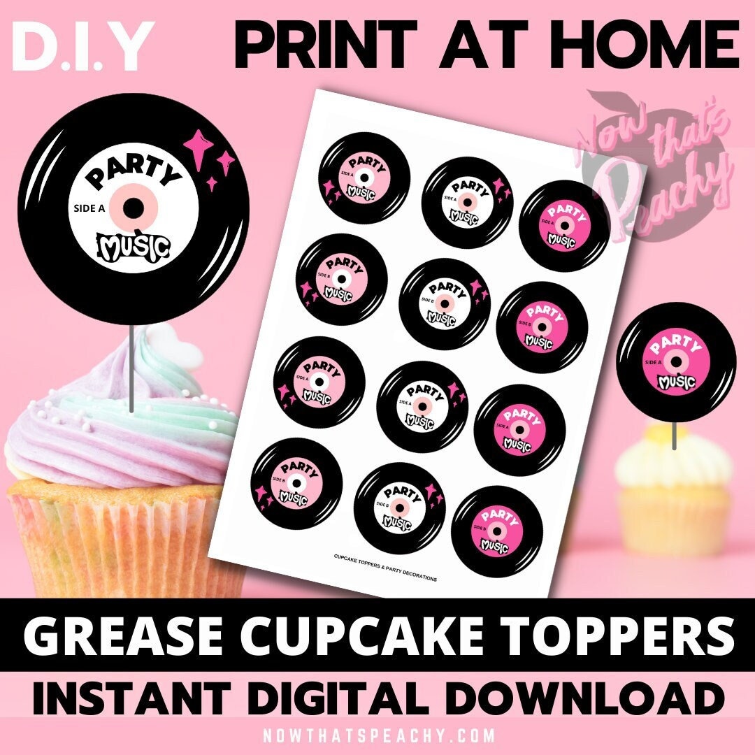 GREASER Vinyl Cupcake Toppers 50s PRINTABLE Records Rock'n'roll Diner ...