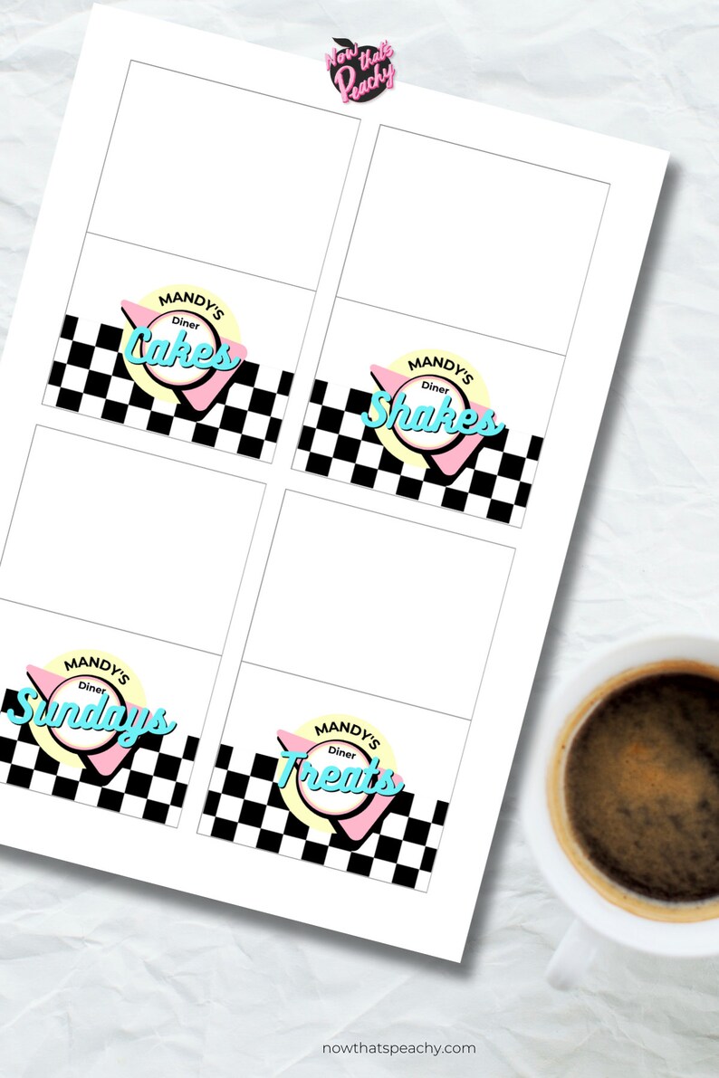 Editable DINER Tent Cards Template 50s Party PRINTABLE Rocknroll Sock ...