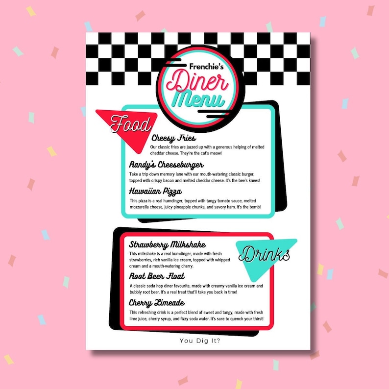 Custom Red DINER 50's Food Menu Party PRINTABLE 50s Rock'n'roll Sign ...