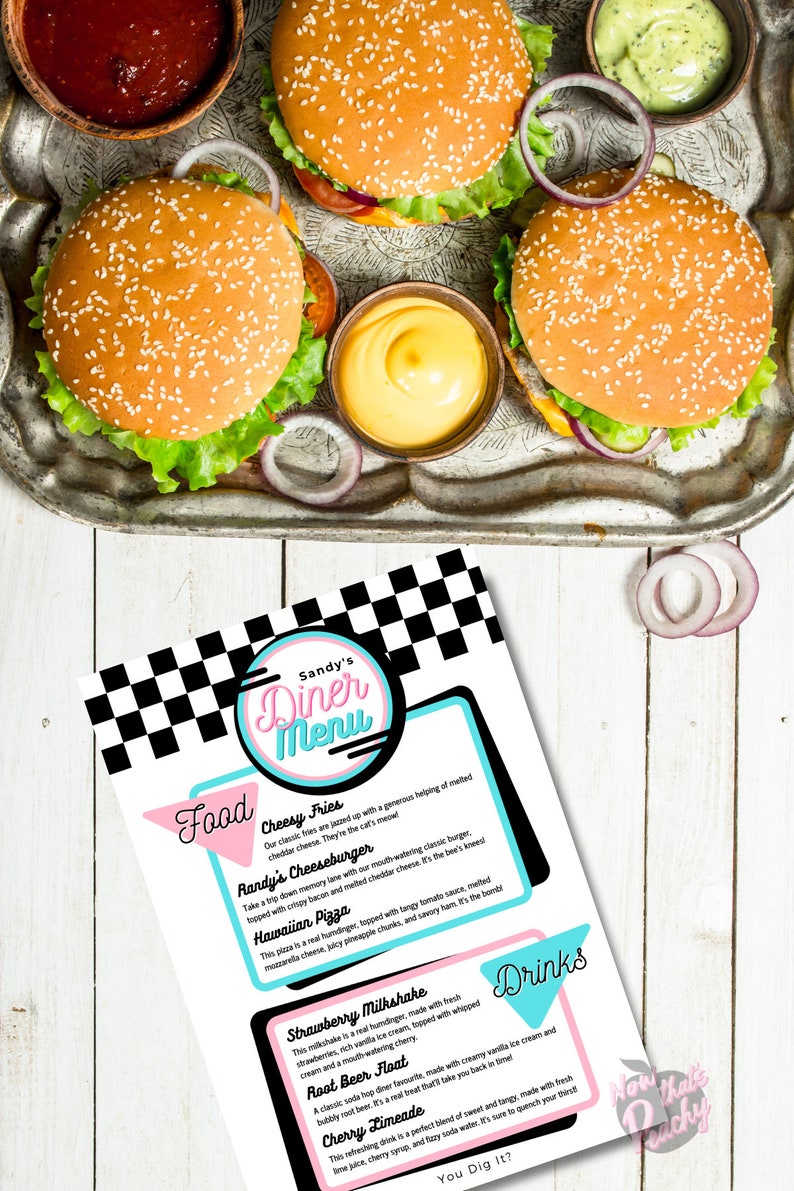 Custom DINER 50's Food Menu Party PRINTABLE, Rock'n'roll Soda Pop Retro ...