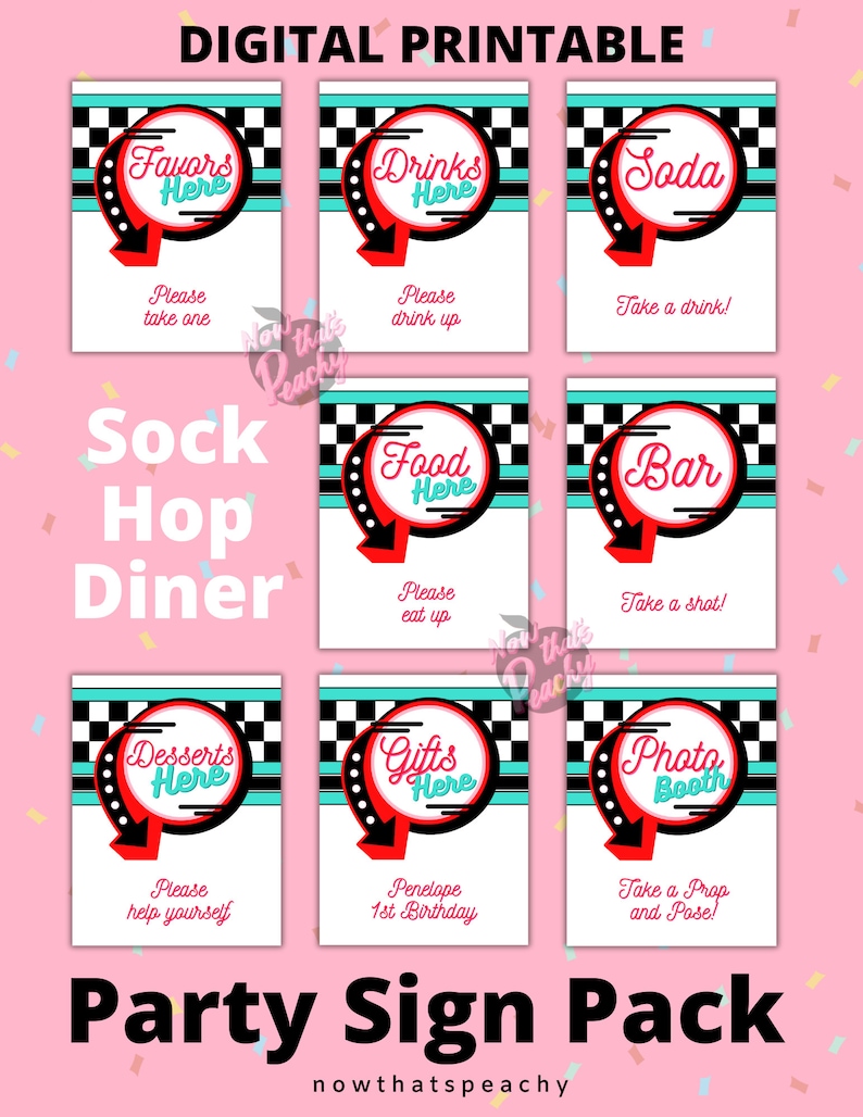 Custom DINER 50's Party Sign Bundle Pack PRINTABLE Rock'n'roll Soda Pop ...
