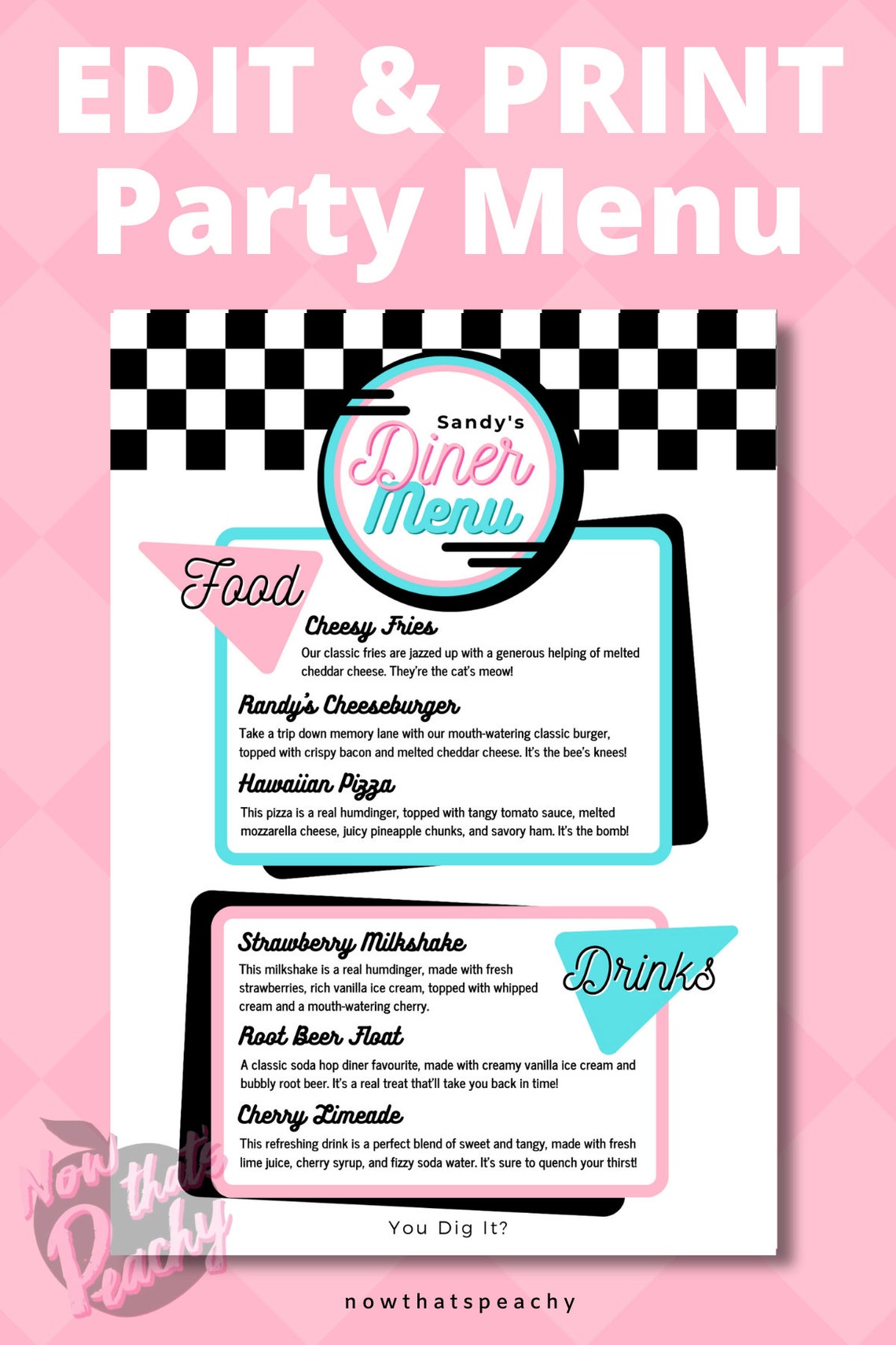 Custom DINER 50's Food Menu Party PRINTABLE - Etsy Australia