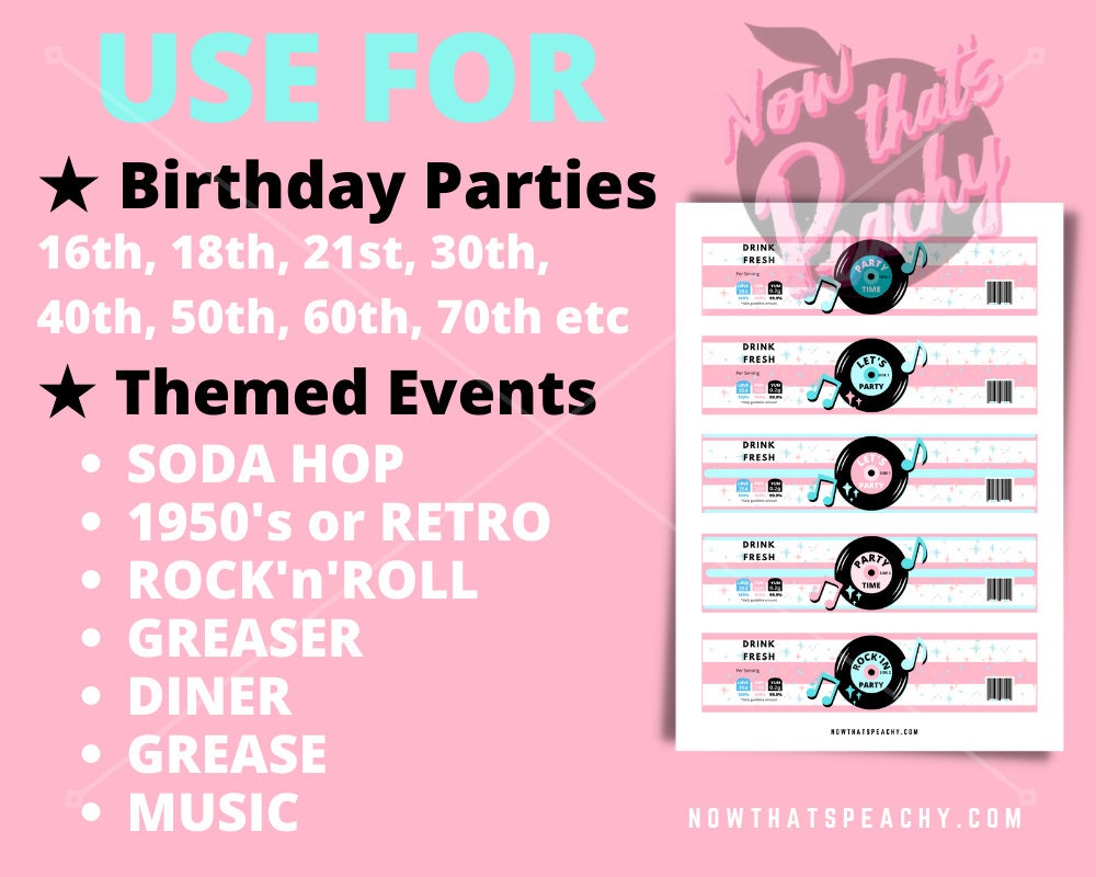 DINER 50's Drink Water Bottle LABELS PRINTABLE Rock'n'roll Sock Hop ...