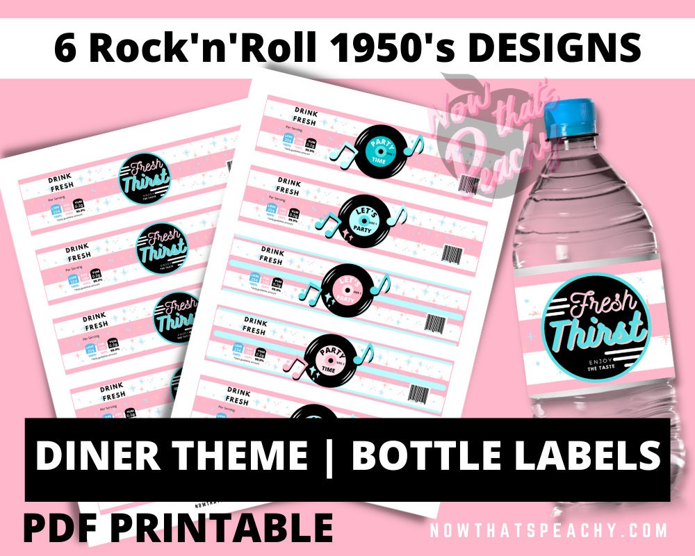 DINER 50's Drink Water Bottle LABELS PRINTABLE Rock'n'roll Sock Hop ...