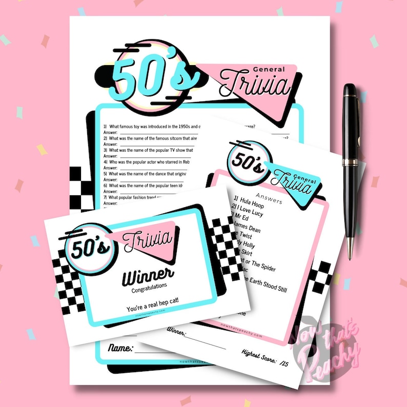 DINER 1950's Trivia Quiz Game Party PRINTABLE, for Rock'n'roll Soda Pop ...