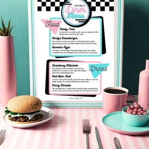 Custom DINER 50's Food Menu Party PRINTABLE, Rock'n'roll Soda Pop Retro ...