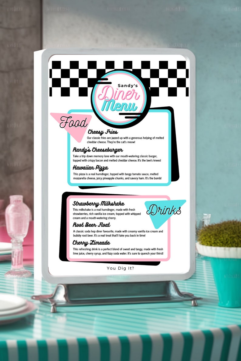 Custom DINER 50's Food Menu Party PRINTABLE, Rock'n'roll Soda Pop Retro ...