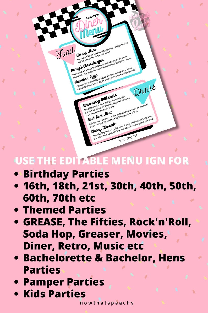 Custom DINER 50's Food Menu Party PRINTABLE, Rock'n'roll Soda Pop Retro ...