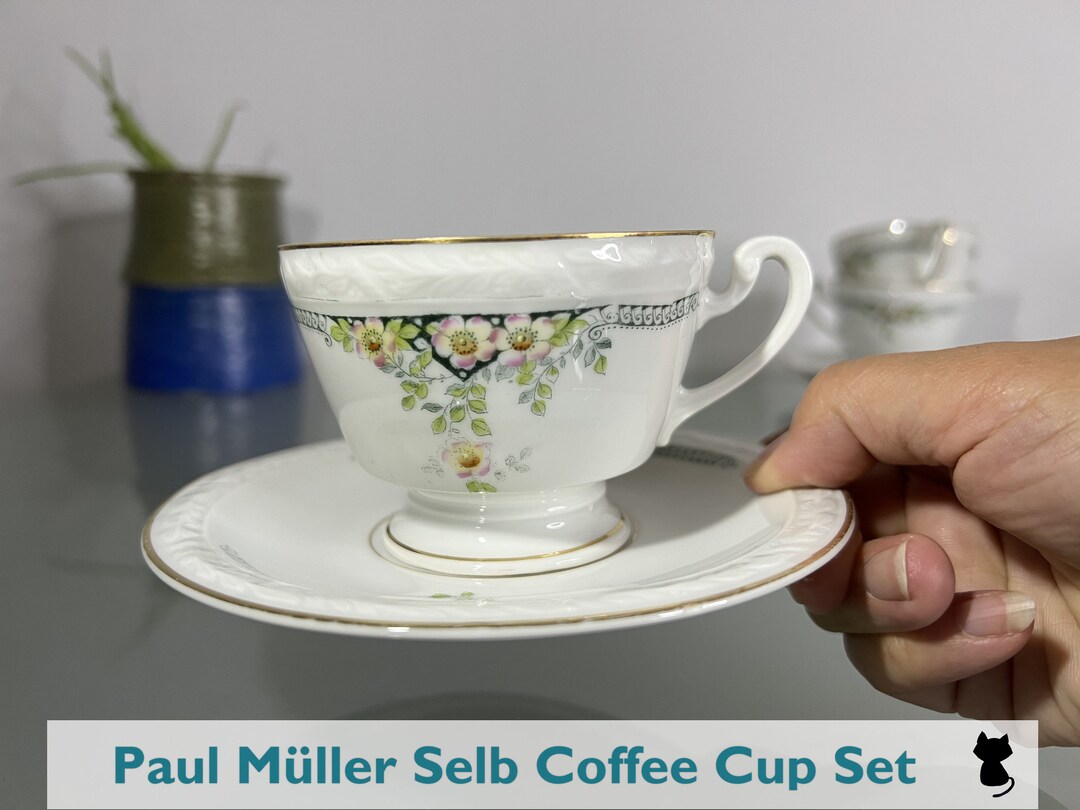 Antique Paul Müller Selb Coffee Cup Set With Pink Flowers and Gold Rims ...