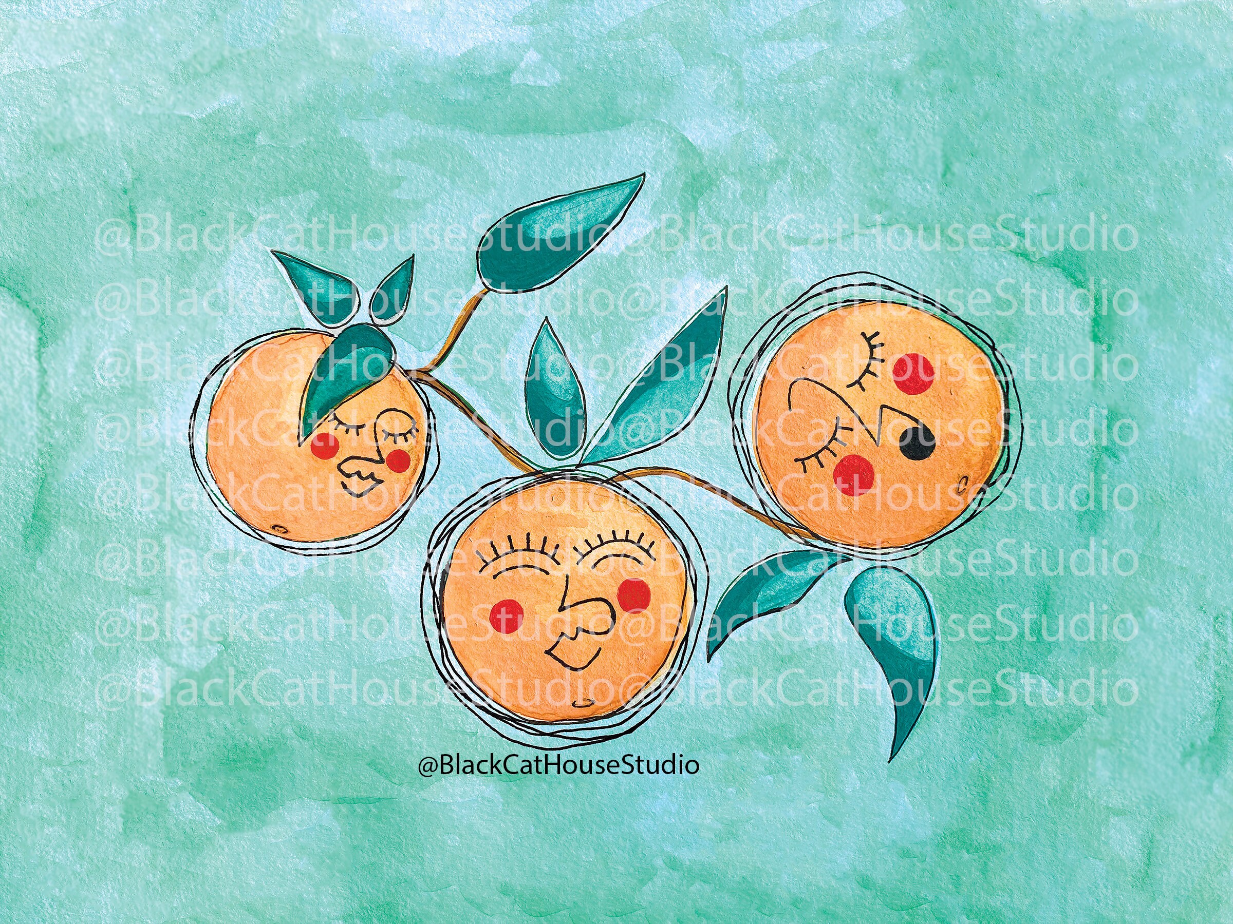 Oranges With Faces, 3 Cute Oranges on a Branch, Digital Art Print ...