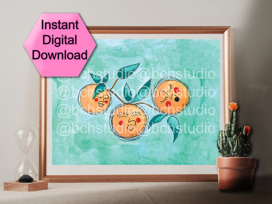 Oranges With Faces, 3 Cute Oranges on a Branch, Digital Art Print ...