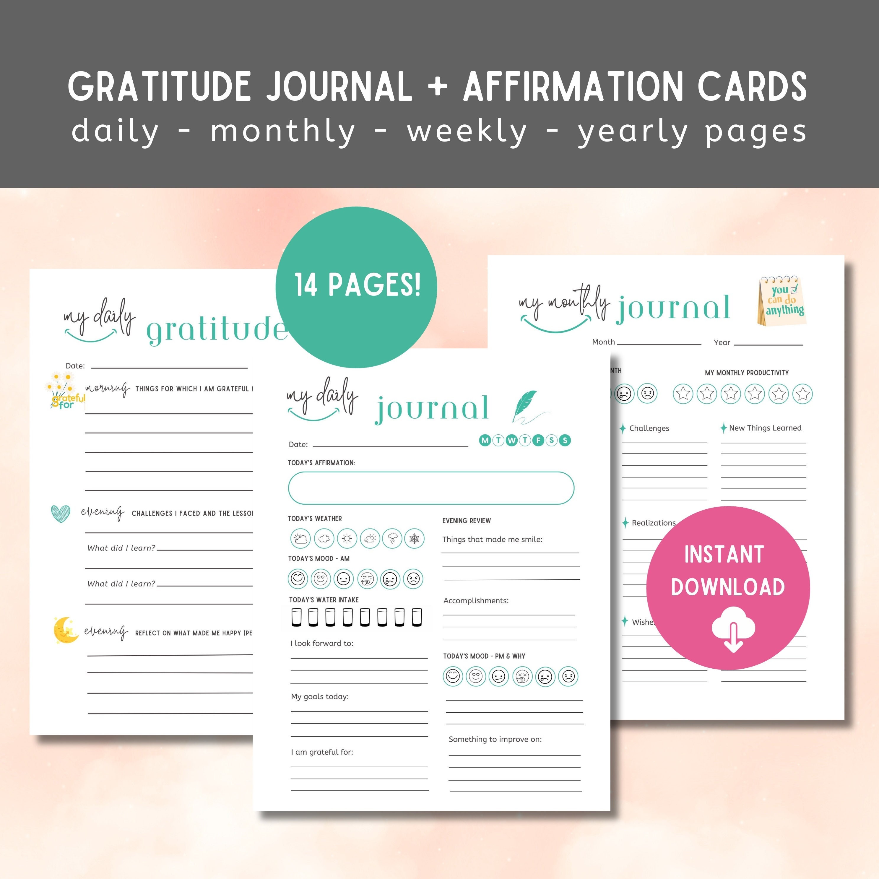 2024 Daily Gratitude Journal Printable, Affirmation Cards, Weekly ...