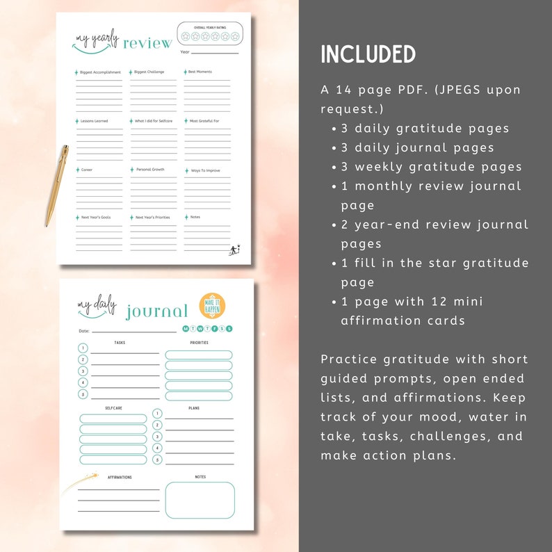 2024 Daily Gratitude Journal Printable, Affirmation Cards, Weekly ...